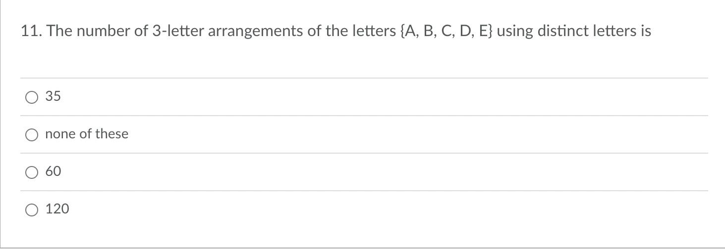 Solved 11. The number of 3-letter arrangements of the | Chegg.com