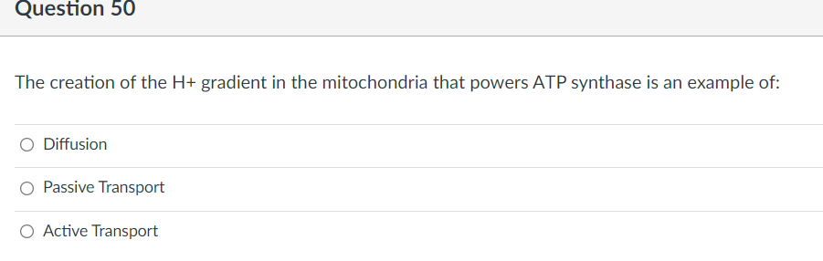 Solved Question 50 The creation of the H+ gradient in the | Chegg.com