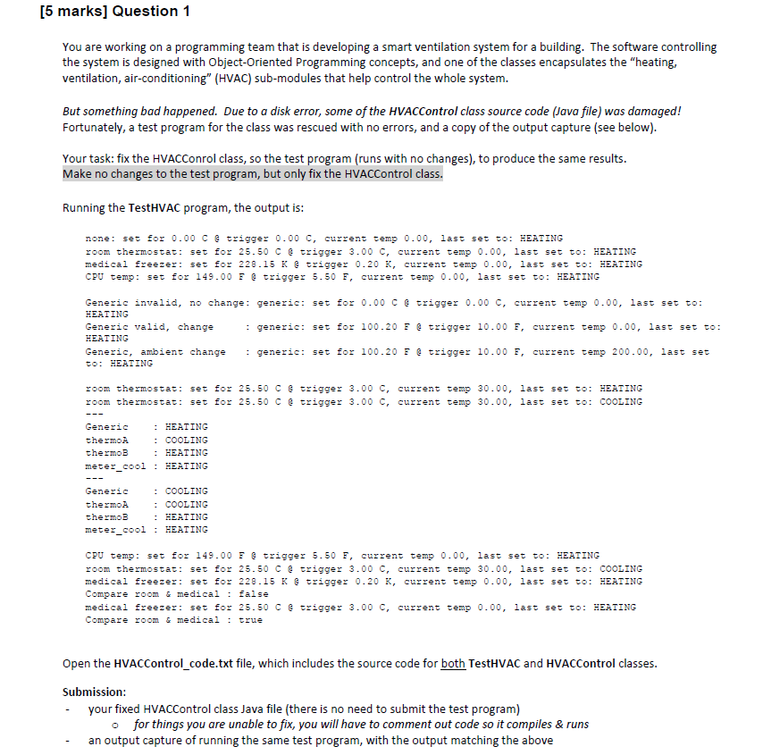 Solved In Dr Java HVACControl Code: /* TestHVAC.java - | Chegg.com