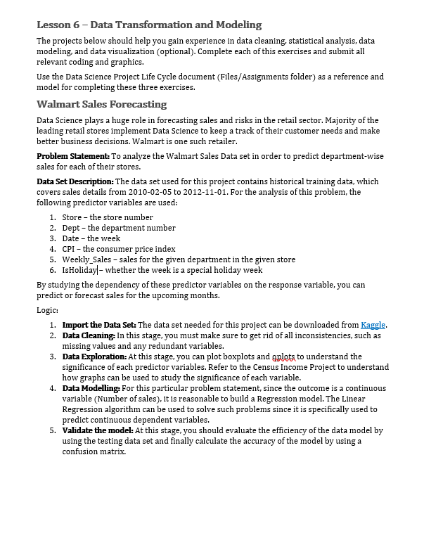 Solved Lesson 6 - Data Transformation and Modeling The | Chegg.com
