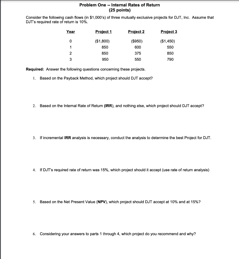 Problem One − Internal Rates of Return ( 25 points) | Chegg.com