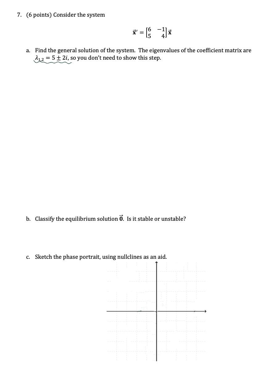 Solved 7. (6 points) Consider the system x′=[65−14]x a. Find | Chegg.com