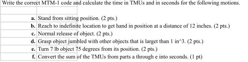 Write the correct MTM-1 code and calculate the time | Chegg.com