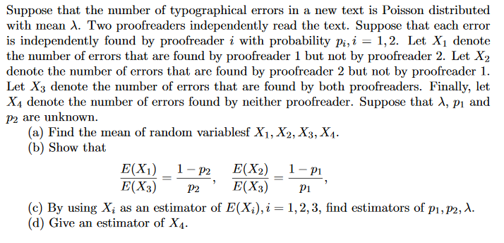 Solved Suppose that the number of typographical errors in a | Chegg.com