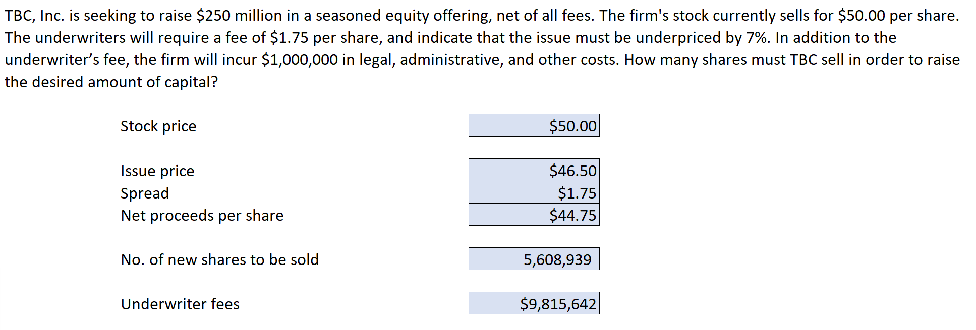 Solved TBC, Inc. is seeking to raise $250 million in a | Chegg.com