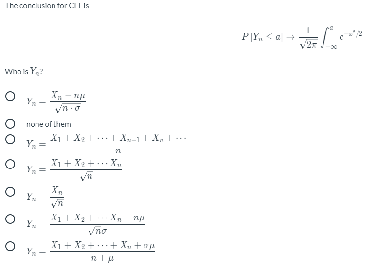 Solved The conclusion for CLT is P Yn | Chegg.com