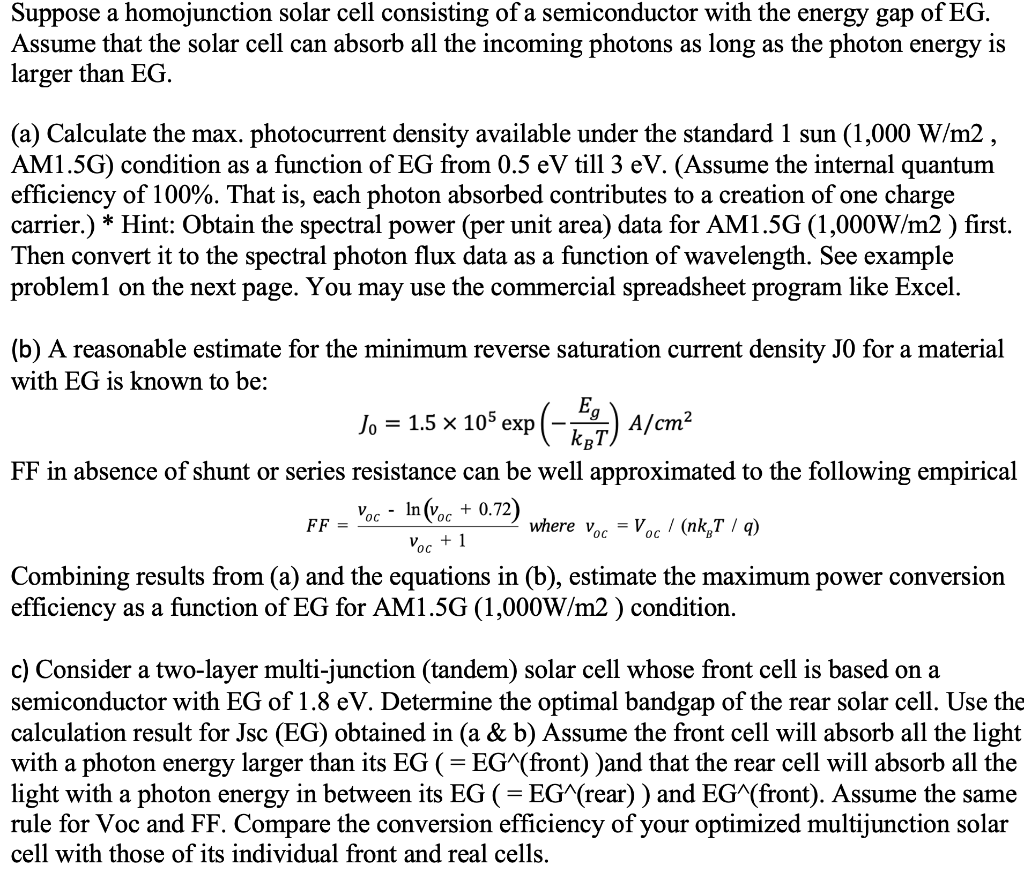 Solved Suppose a homojunction solar cell consisting of a | Chegg.com