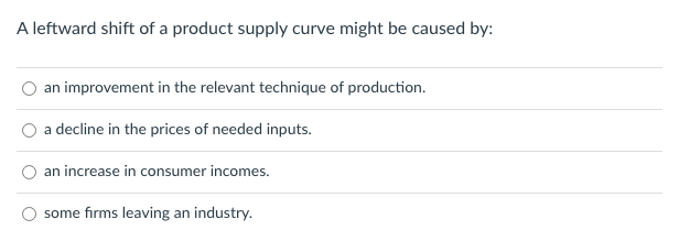 Solved A leftward shift of a product supply curve might be | Chegg.com