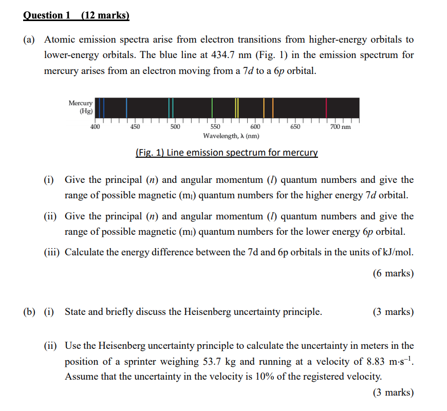 Solved Question 1 (12 marks) (a) Atomic emission spectra | Chegg.com