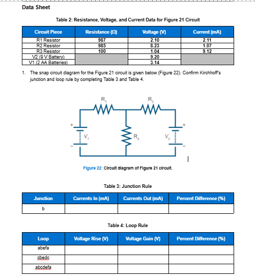 Data Sheet Table 2: Resistance, Voltage, and Current | Chegg.com