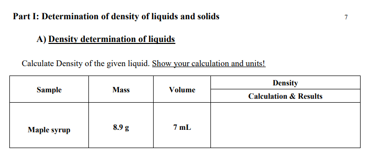 Solved Part I: Determination of density of liquids and | Chegg.com