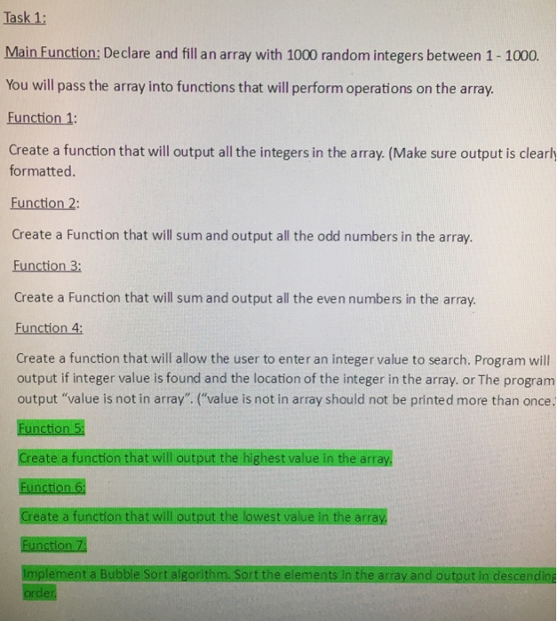 Solved Task 1: Main Function: Declare and fill an array with | Chegg.com