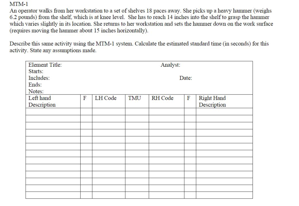 MTM-1 An operator walks from her workstation to a set | Chegg.com