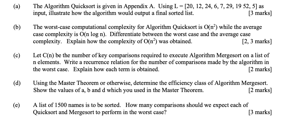 Solved A The Algorithm Quicksort Is Given In Appendix A 7201