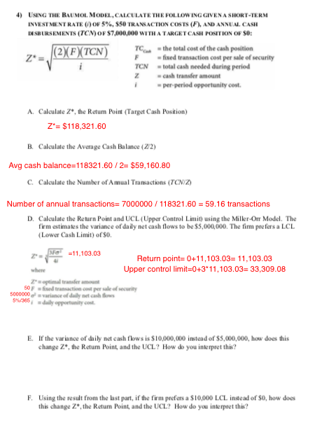 4) USING THE BAUMOL MODEL, CALCULATE THE FOLLOWING | Chegg.com