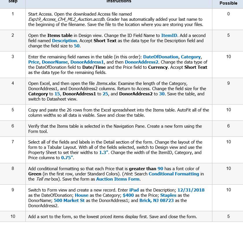 Solved Step uctions Possible 1 0 Start Access. Open the | Chegg.com