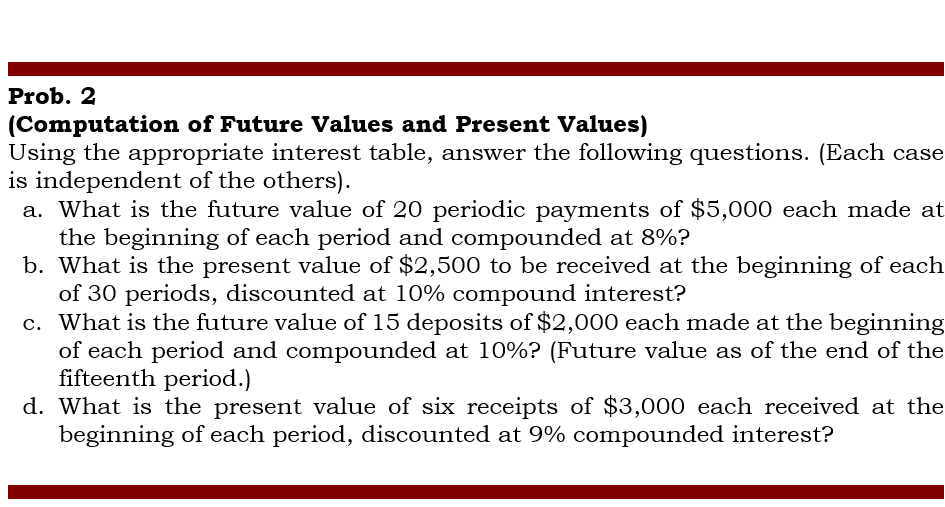 Solved Prob. 2 (Computation of Future Values and Present | Chegg.com