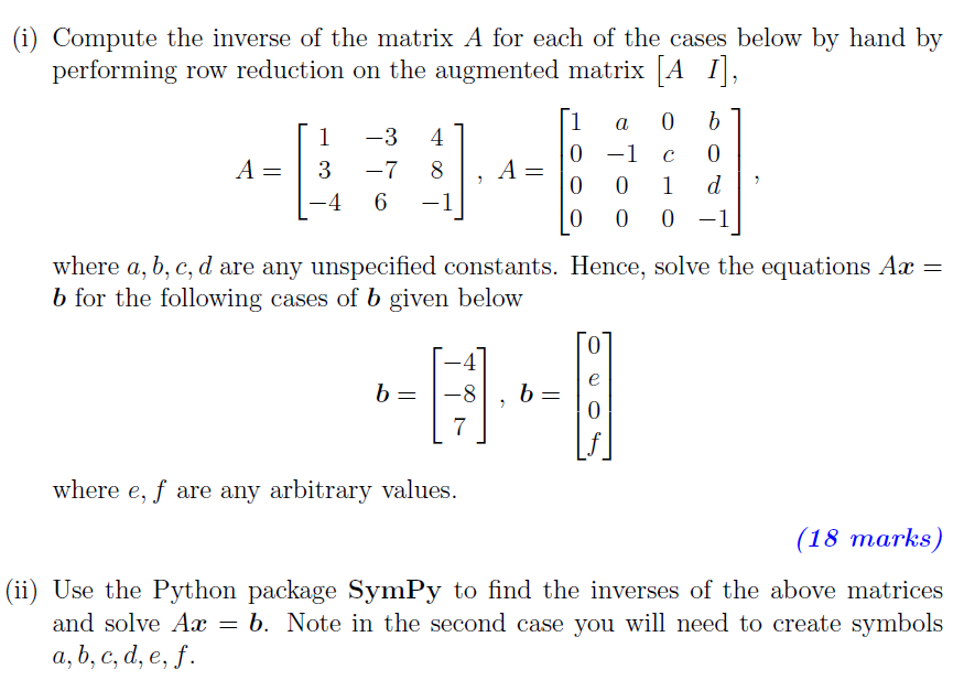 Solved (i) Compute the inverse of the matrix A for each of | Chegg.com
