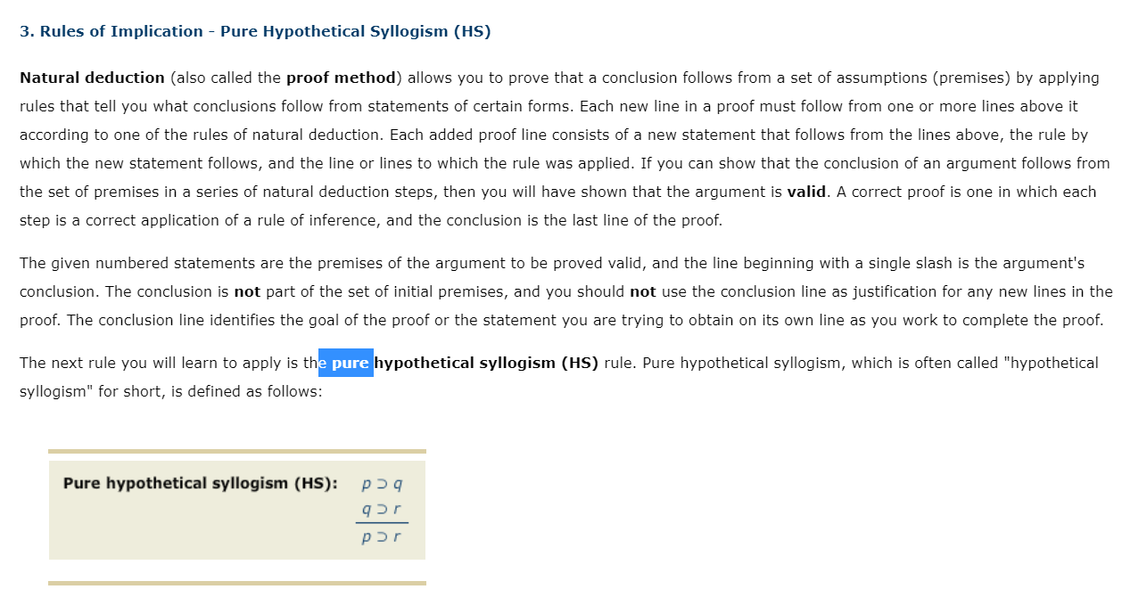 Solved 3. Rules of Implication - Pure Hypothetical Syllogism | Chegg.com