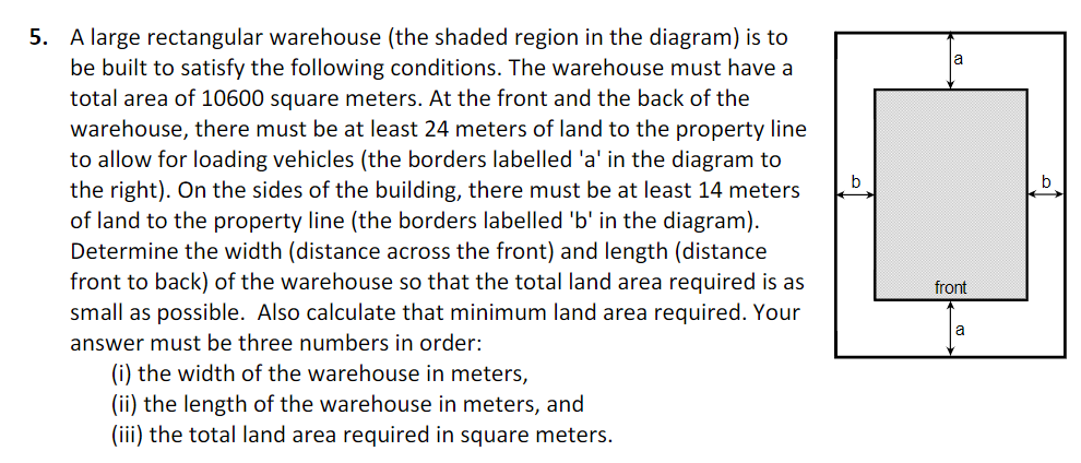 Solved 5. A large rectangular warehouse (the shaded region | Chegg.com
