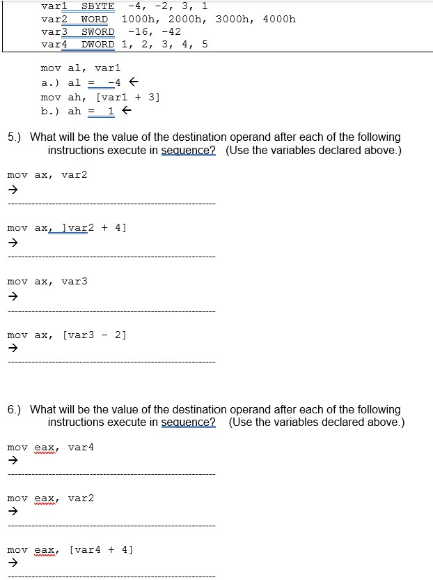 Solved var1 SBYTE −4,−2,3,1 var2 WORD 1000 h,2000 h,3000 | Chegg.com
