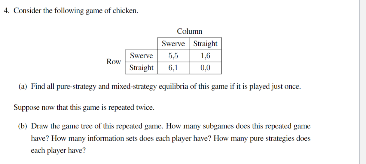 Solved 4. Consider the following game of chicken. (a) Find | Chegg.com