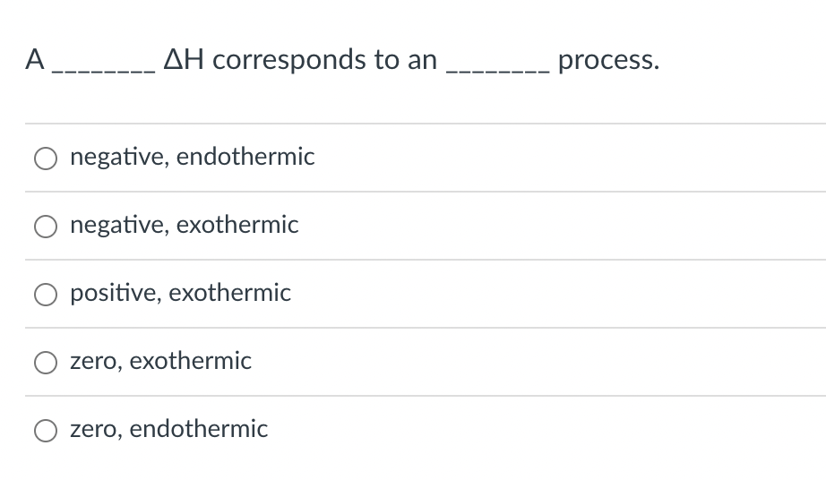 Solved A ΔH corresponds to an process. negative, endothermic | Chegg.com