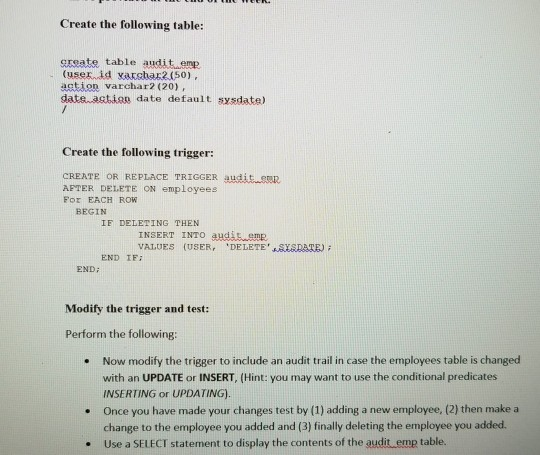 Solved Create the following table: greate table audit emp | Chegg.com