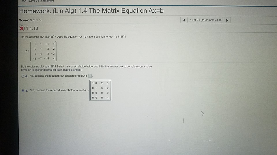 Solved Homework: (Lin Alg) 1.4 The Matrix Equation Ax-b 11 | Chegg.com