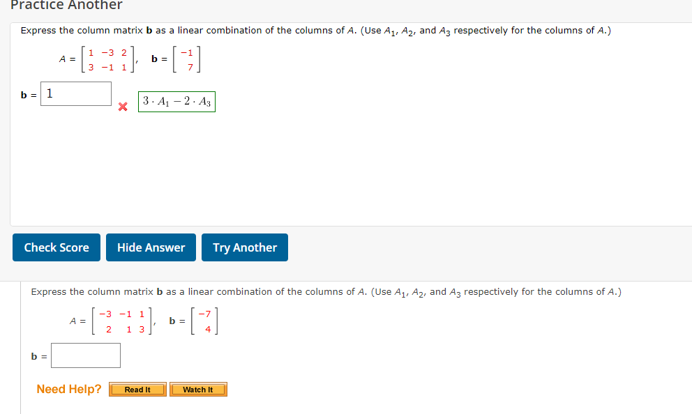 Solved A=[13−3−121],b=[−17] b= 4 Express the column matrix b | Chegg.com