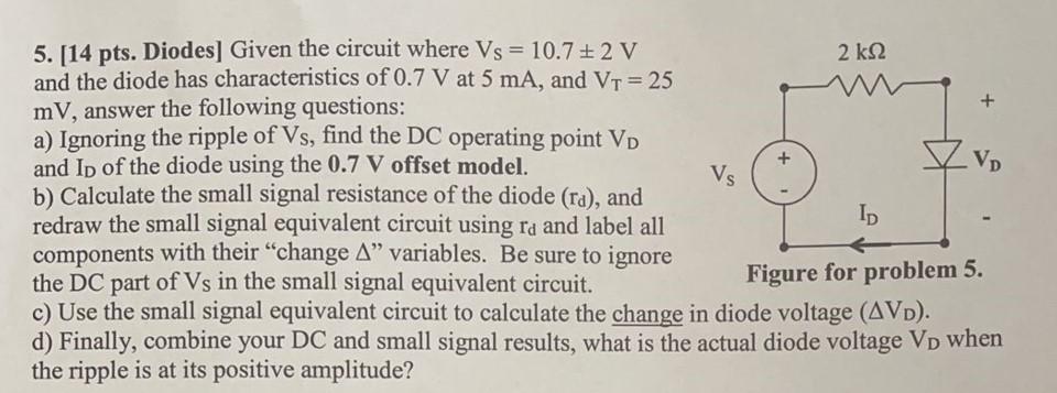 Solved 5. [14 pts. Diodes] Given the circuit where VS=10.7±2 | Chegg.com