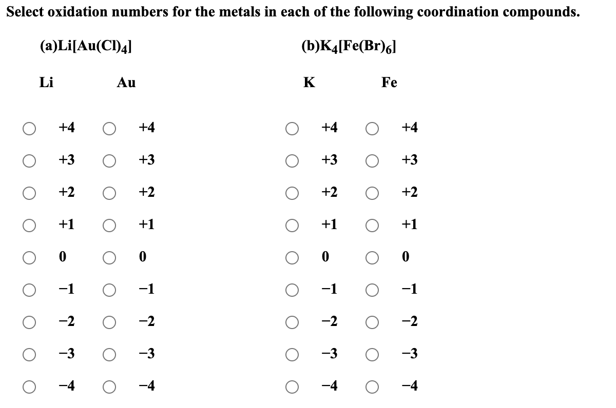 Solved Select oxidation numbers for the metals in each of | Chegg.com