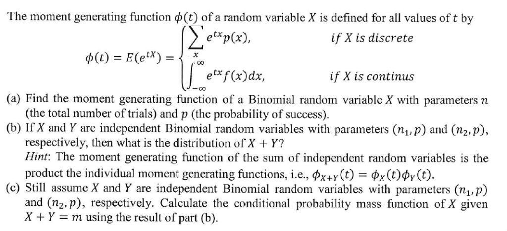 Solved The moment generating function ф(t) of random | Chegg.com