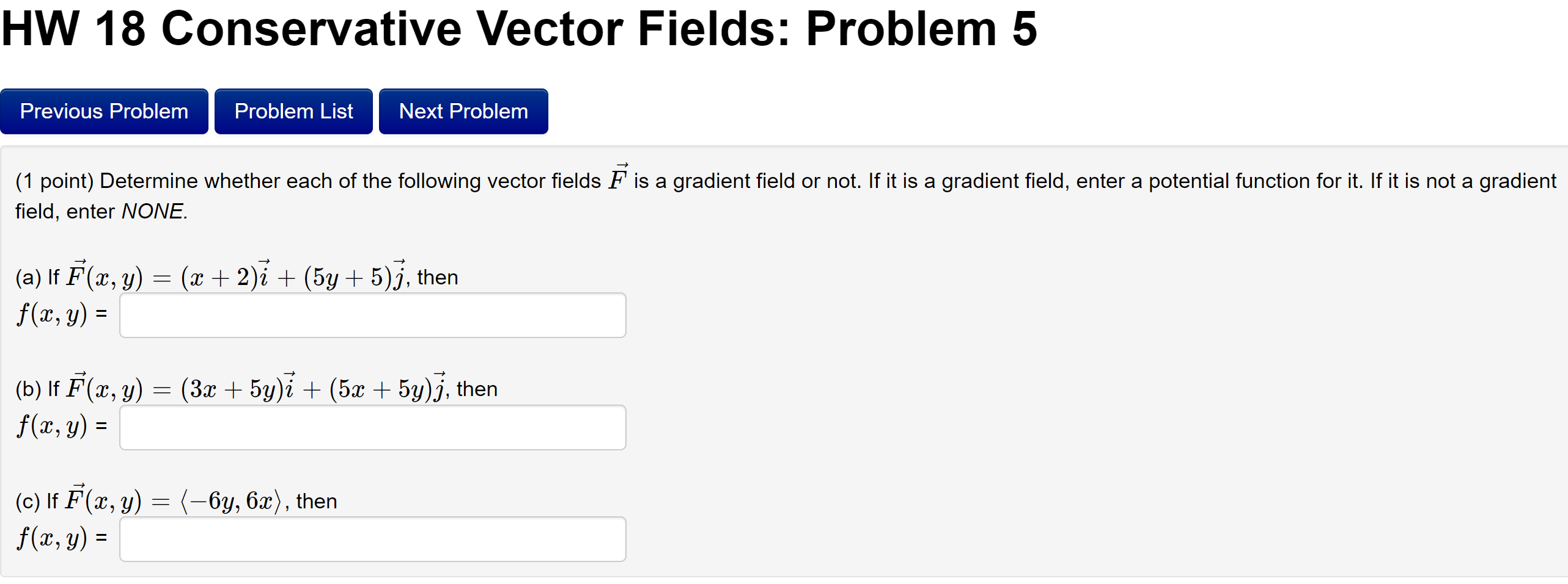 Solved HW 18 Conservative Vector Fields: Problem 5 Previous | Chegg.com