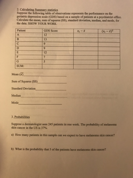 Solved 2. Calculating Summary statistics Suppose the | Chegg.com