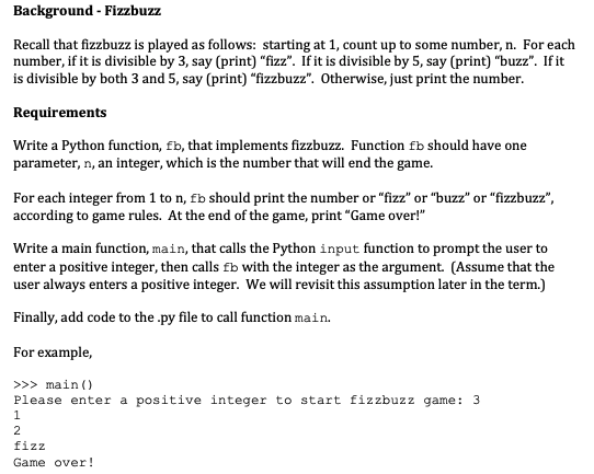 Solved Background - Fizzbuzz Recall that fizzbuzz is played | Chegg.com