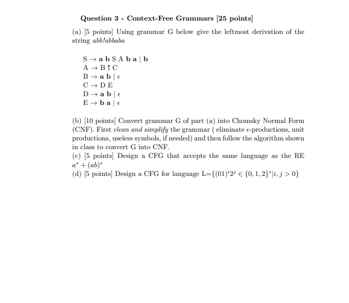 Solved Question 3 - Context-Free Grammars (25 points) (a) (5 | Chegg.com