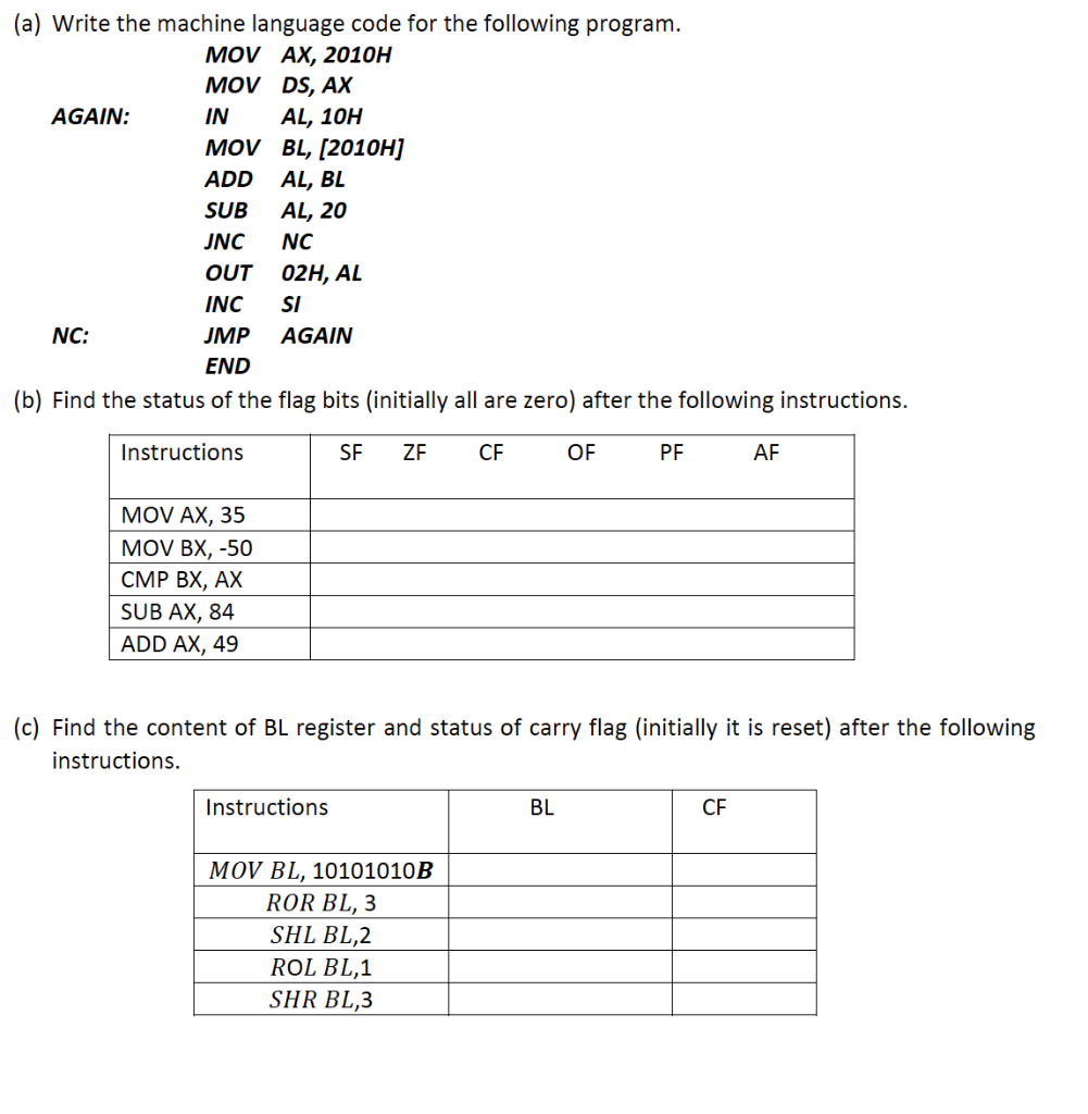 (a) Write the machine language code for the following | Chegg.com