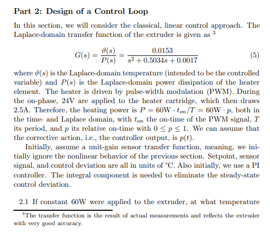 Solved Part 2: Design of a Control Loop In this section, we | Chegg.com