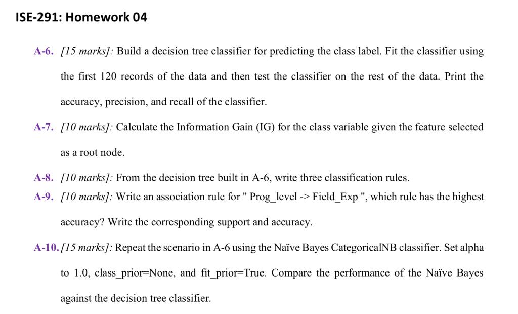 Solved A-6. [15 marks]: Build a decision tree classifier for | Chegg.com