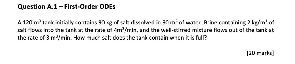 Solved First-Order ODE's A 120 m3 tank initially contains 90 | Chegg.com