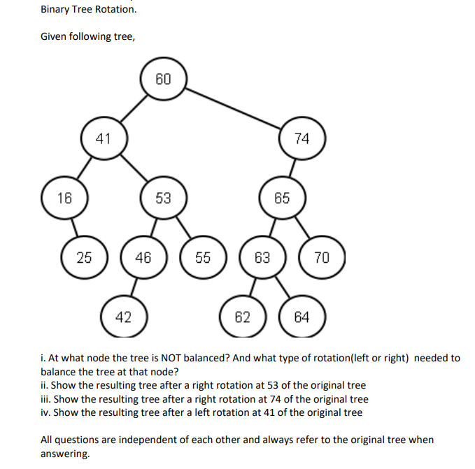 Solved Binary Tree Rotation Given Following Tree 60 41 74 