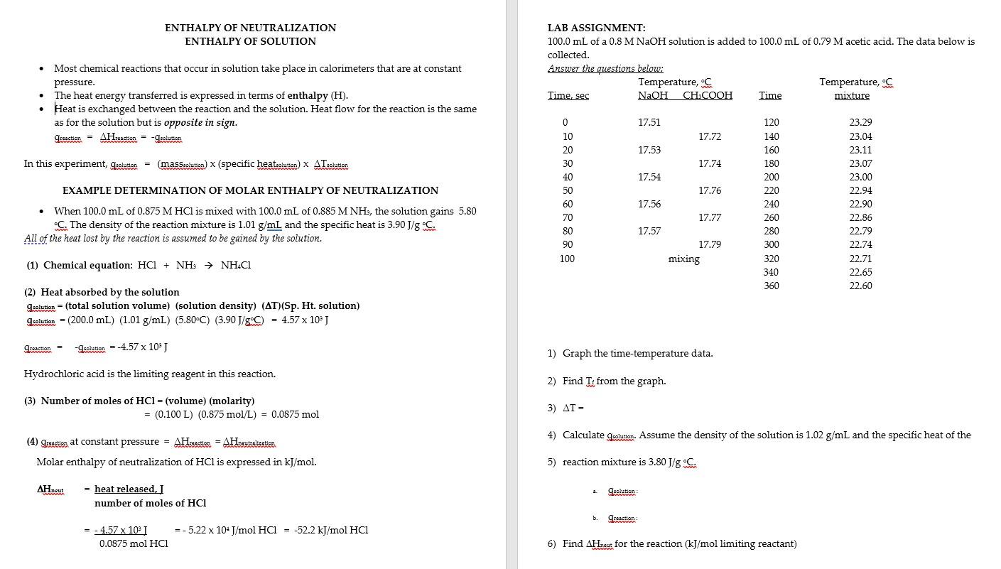 ENTHALPY OF NEUTRALIZATION ENTHALPY OF SOLUTION LAB | Chegg.com