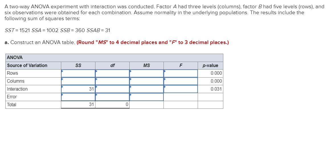 [Solved]: A two-way ANOVA experiment with interaction was co