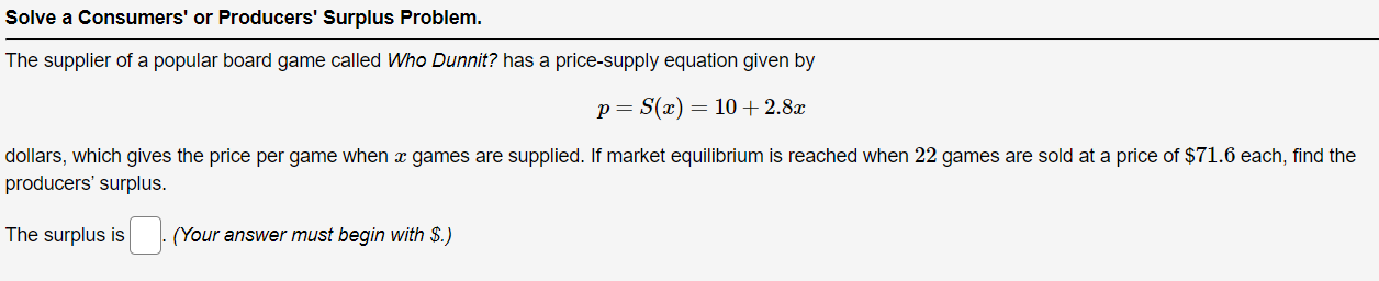 Solved Solve a Consumers' or Producers' Surplus Problem.The | Chegg.com