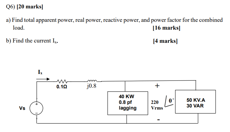 Solved (6) [20 marks) a) Find total apparent power, real | Chegg.com