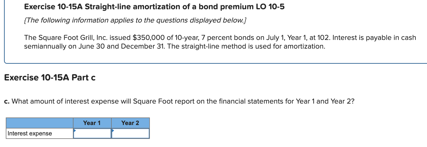 Solved Exercise 10-15A Straight-line amortization of a bond | Chegg.com