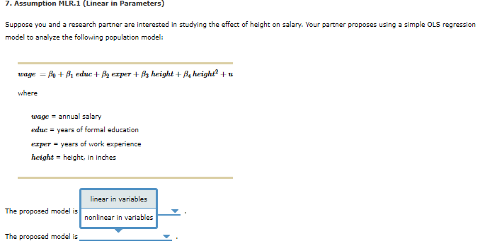 Solved 7. Assumption MLR.1 (Linear in Parameters) Suppose | Chegg.com Solved 7. Assumption MLR.1 (Linear in Parameters) Suppose | Chegg.com