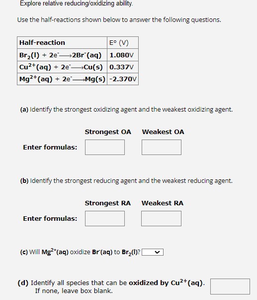 Solved Explore relative reducing/oxidizing ability. Use the | Chegg.com