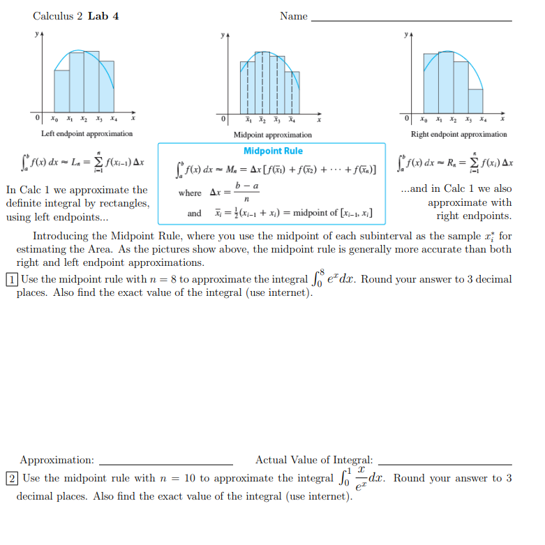 Solved Calculus 2 Lab 4 Name Introducing the Midpoint Rule, | Chegg.com